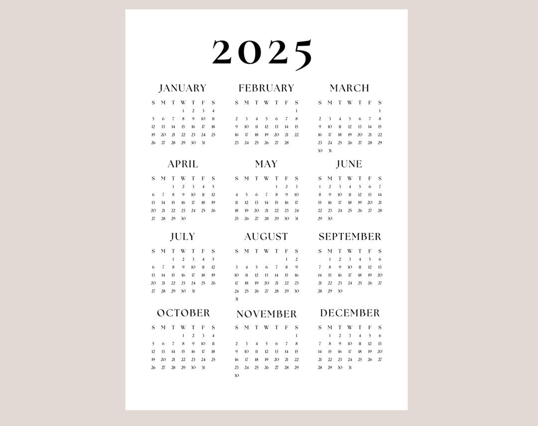 2025 Calendar Sunday Start Single Page Printable Calendar Yearly ...