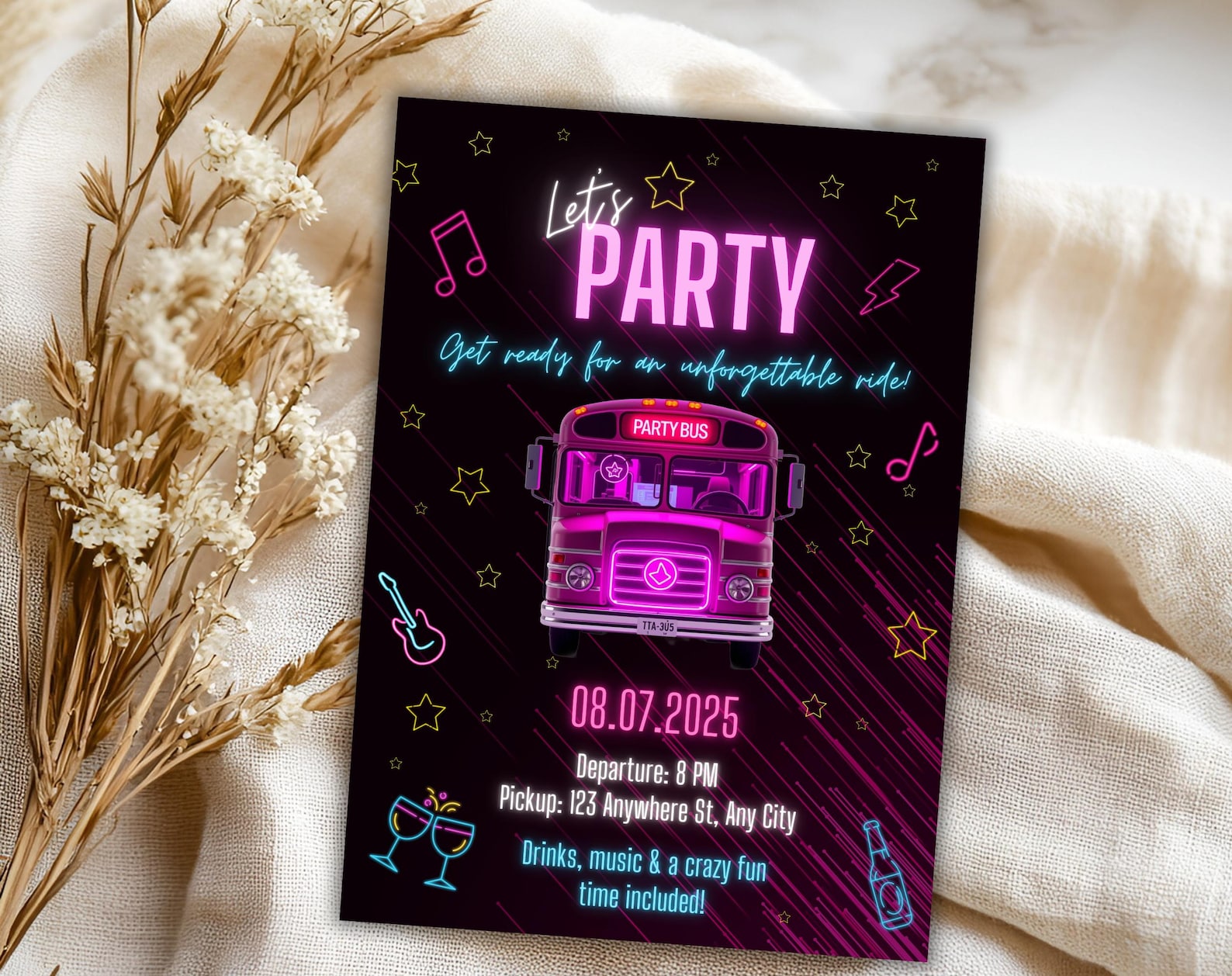 Party Bus Invitation | Birthday Flyer | Neon Bus | Digital & Printable ...