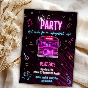 Party Bus Invitation | Birthday Flyer | Neon Bus | Digital & Printable ...