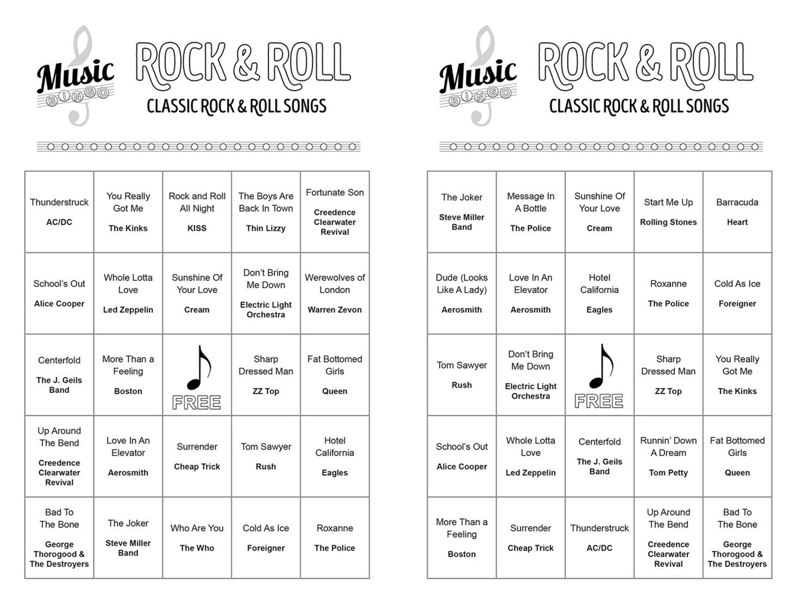 Rock and Roll Classics Music Bingo! Printer-friendly, Rock and Roll ...