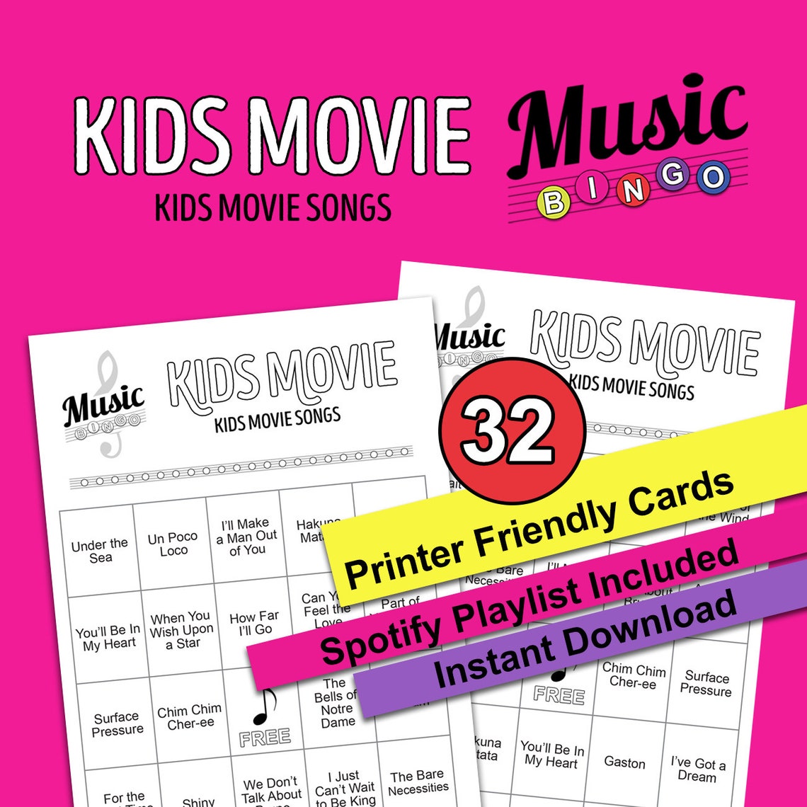 Kids Movie Songs Bingo, Kids Music, Music Bingo, Instant Digital ...