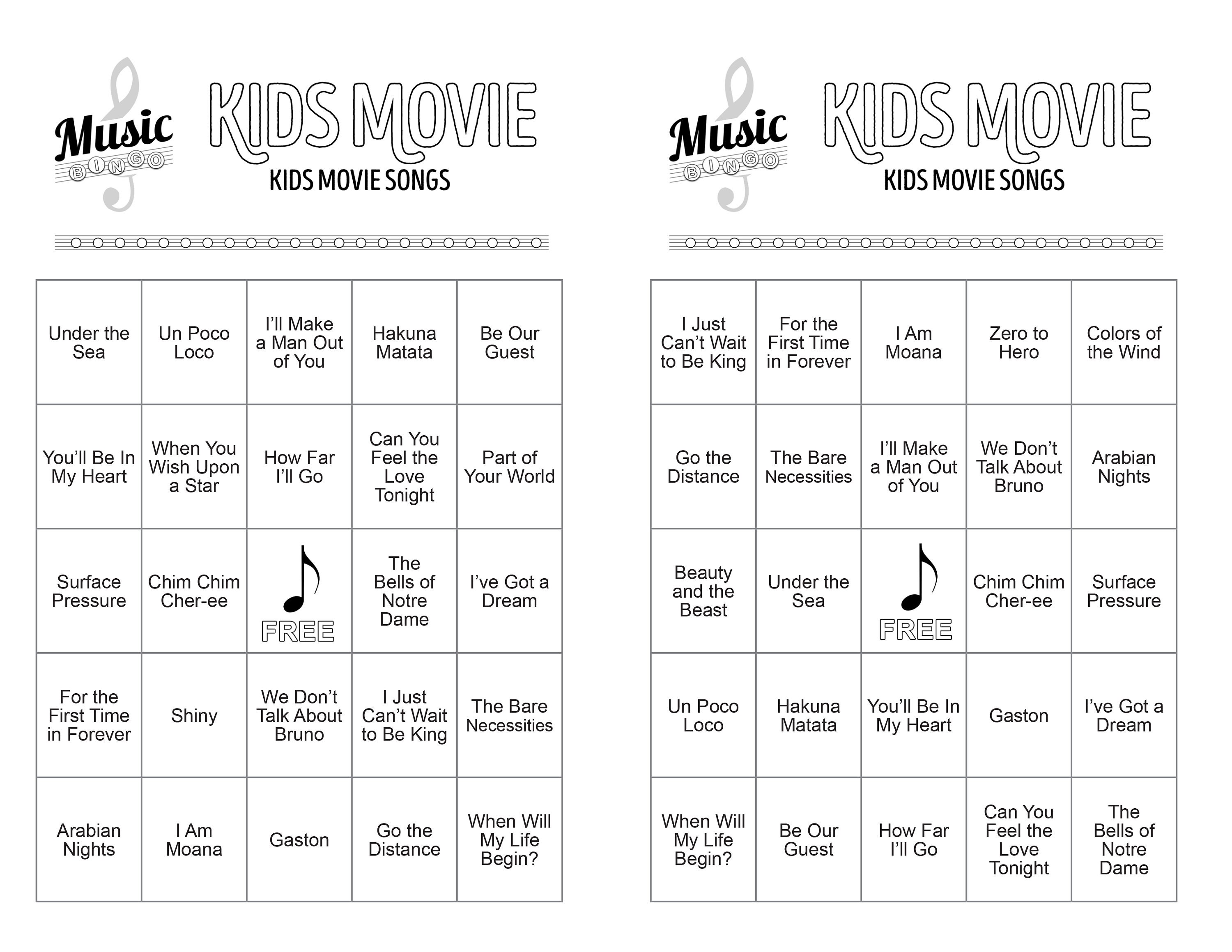 Kids Movie Songs Bingo, Kids Music, Music Bingo, Instant Digital ...