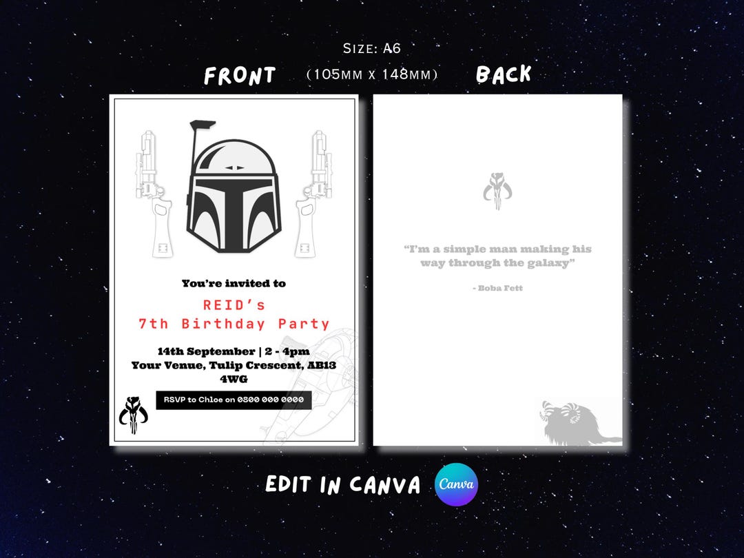 Editable Star Wars Birthday Invitation Boba Fett Birthday Invitation ...