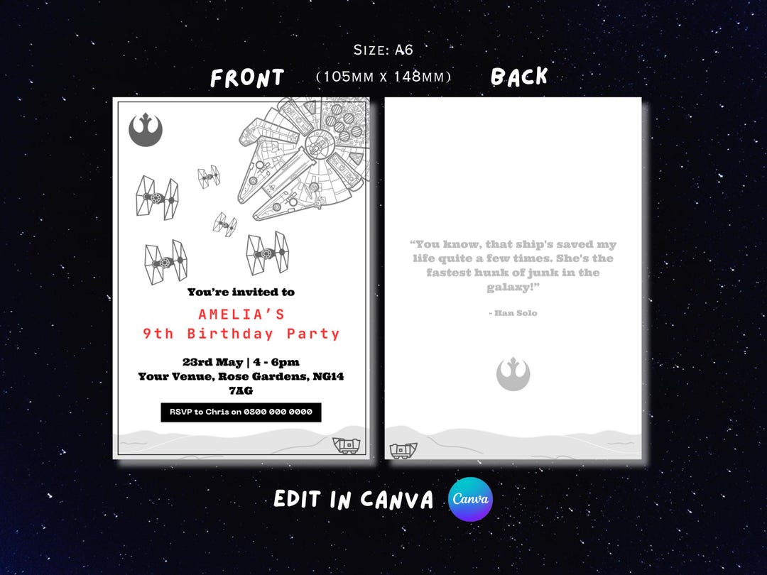 Editable Star Wars Birthday Invitation Millennium Falcon Birthday ...