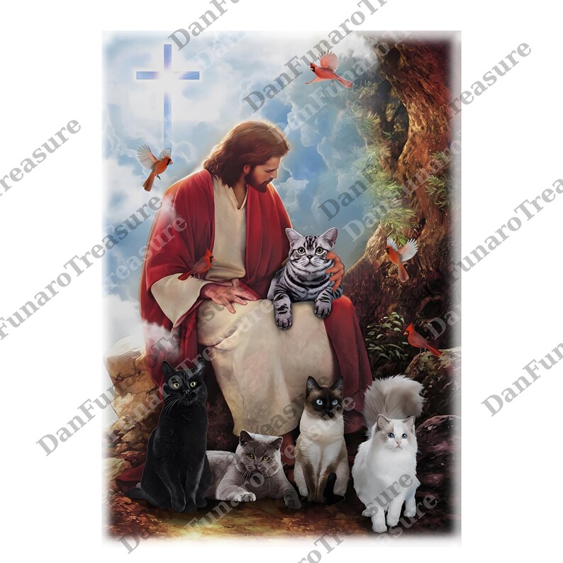 Vintage Jesus and Cats Png, Fantasy Kitten Digital, Cute Cat Png, Cool ...