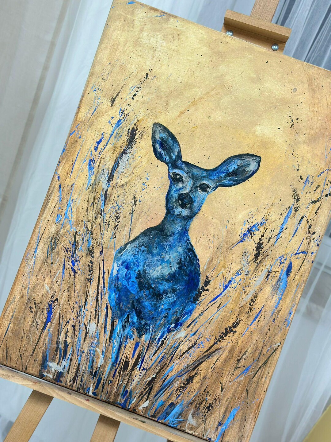 Blue Doe Painting - Abstract Wildlife Art, Acrylic on Canvas, Gold and ...