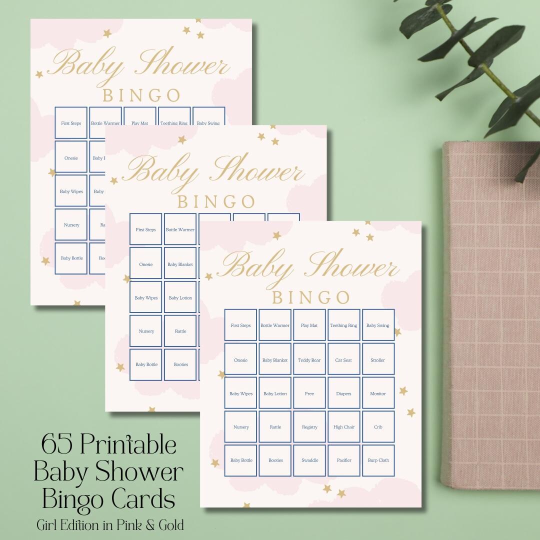 Pink Baby Shower Bingo Game 65 Unique Prefilled Cards Printable Baby ...