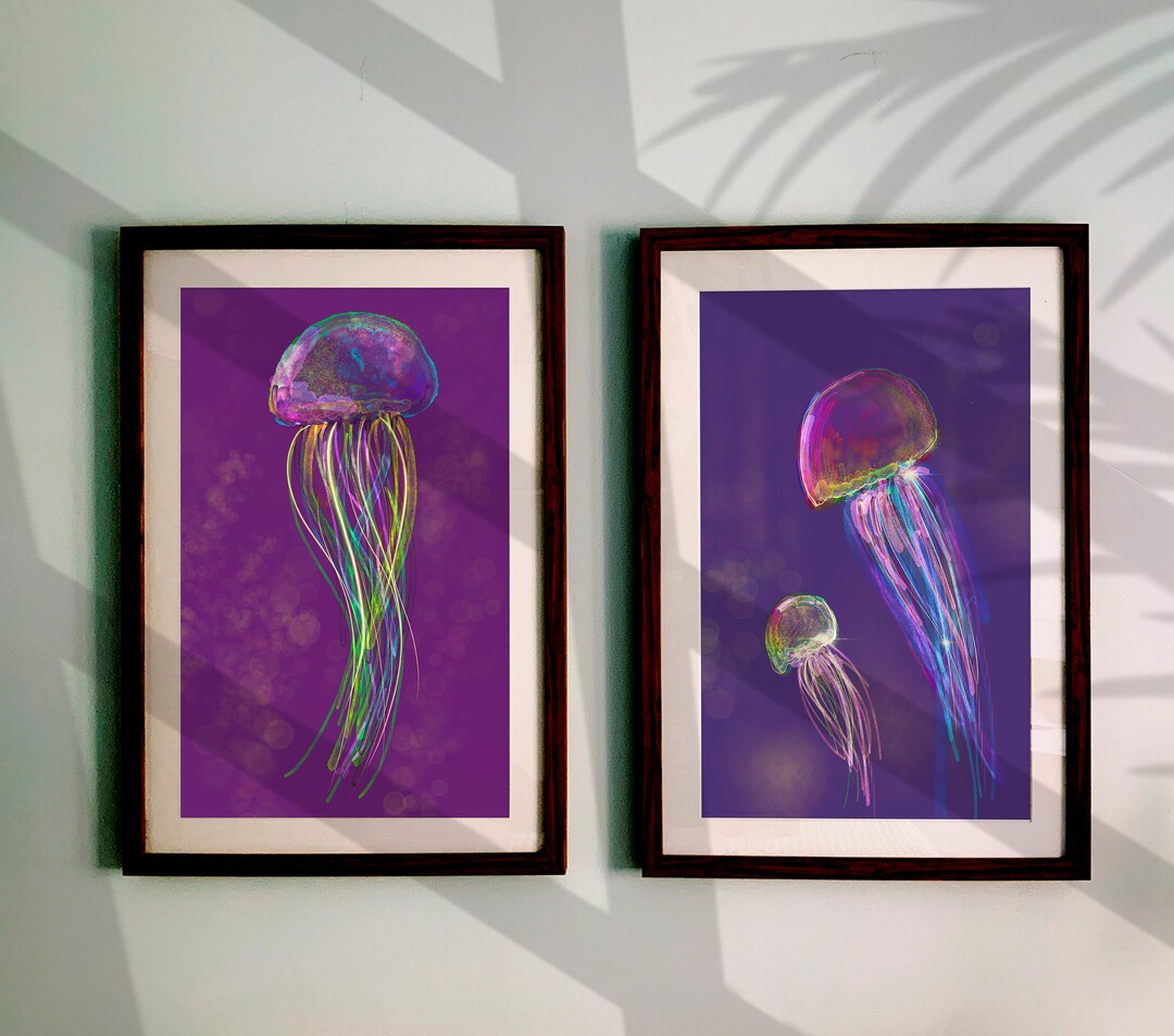 Set of 2 Printable Wall Art Jellyfish Poster Neon Downloadable Wall Art ...