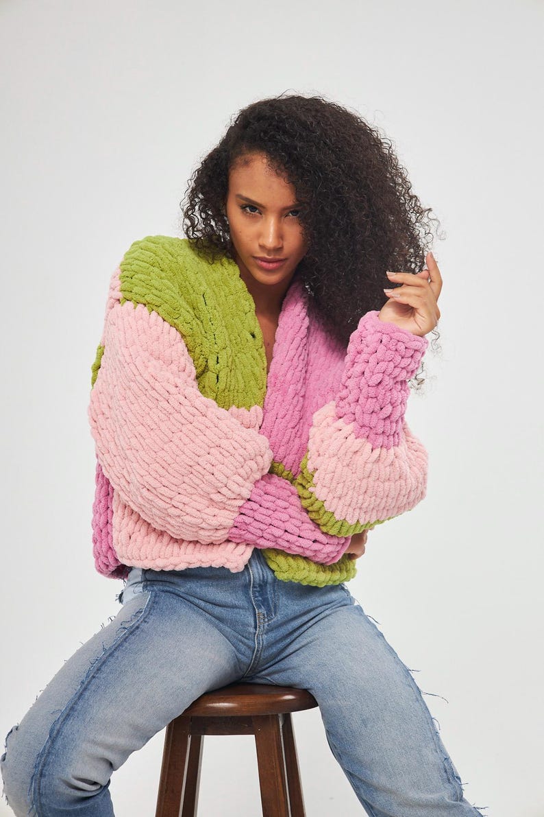 Handmade Knit Wool Cardigan: Pastel Pink & Green Puffy Sweater - Etsy