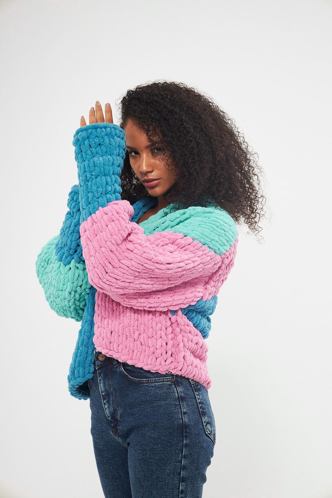 Blue, Pink and Green Color Knit Cardigan | Handmade Knit Puffy Cardigan ...