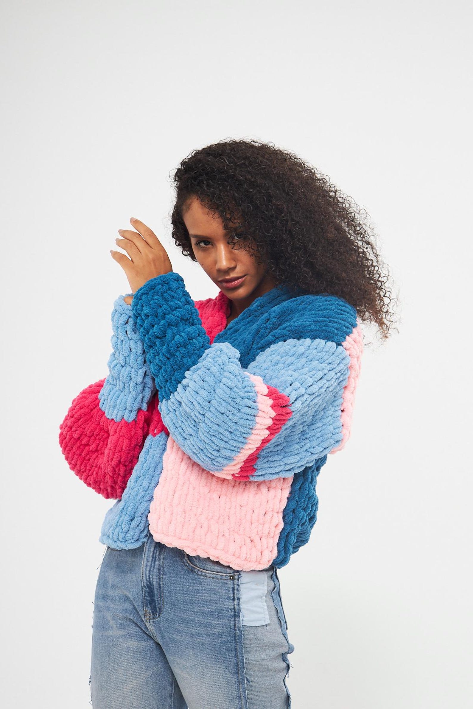 Mix Blue, Pink Color Knit Cardigan | Handmade Knit Puffy Cardigan ...