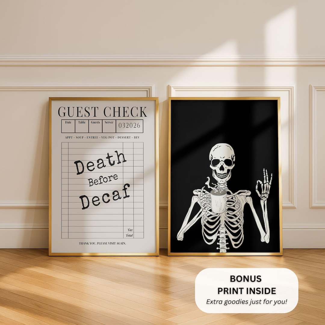 Death Before Decaf Skeleton Coffee Print | Gothic Kitchen Art (digital ...
