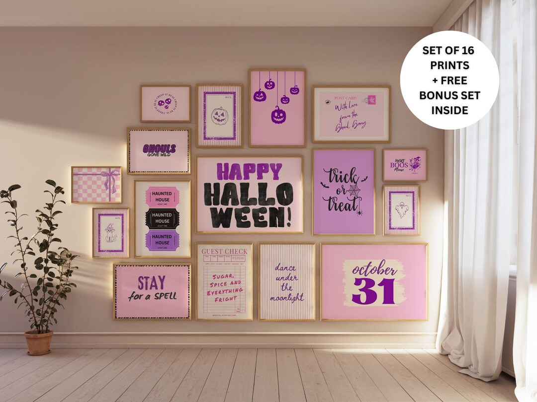 Pinkoween Spooky Wall Art: Pastel Ghost & Witch Print Set (digital ...