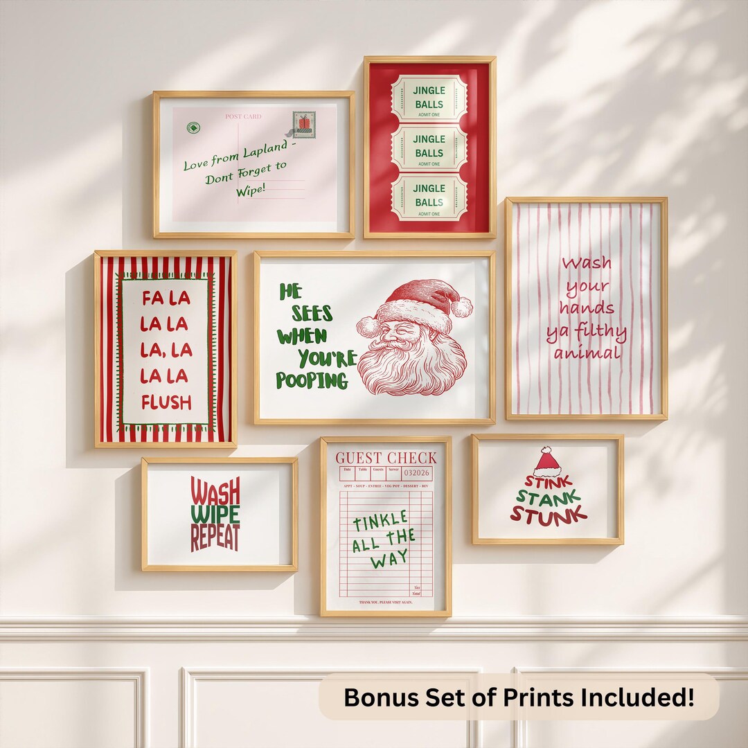Funny Santa Christmas Bathroom Art Prints | Holiday Restroom Decor ...