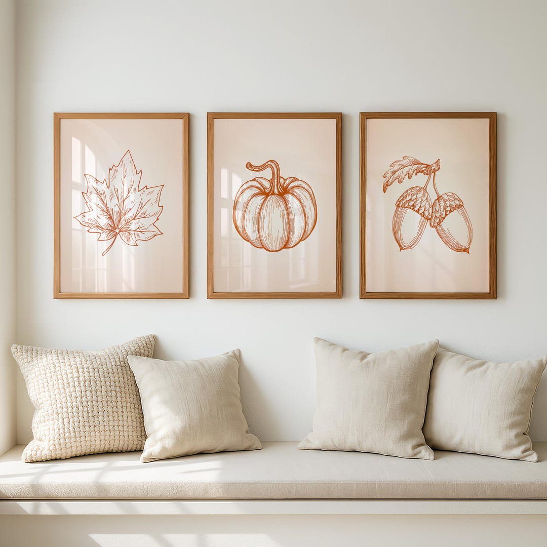 Fall Wall Art Prints: Pumpkin, Leaf & Acorn Illustrations (digital ...