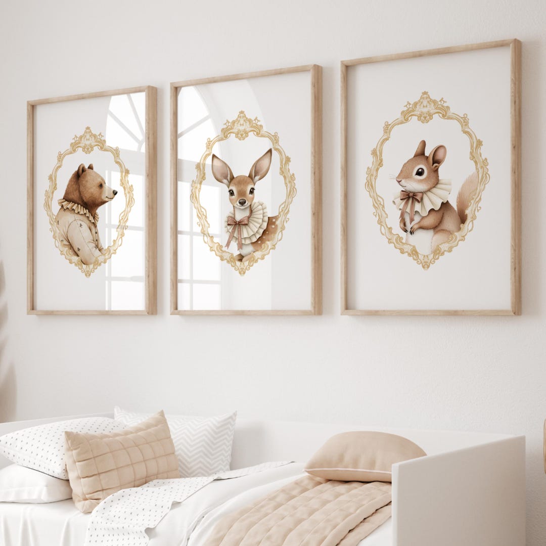 Vintage Forest Animals With Crest Nursery Print, Vintage Nursery Decor ...