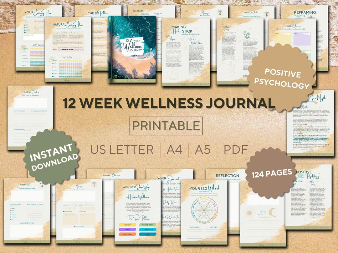 Printable Bundle 12 Week Wellness Journal With Beach Theme, Daily ...