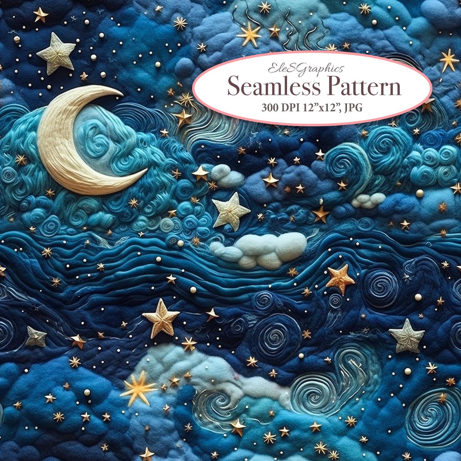Felted Night Sky Moon Stars Clouds Seamless Pattern. 3D Felted Faux ...