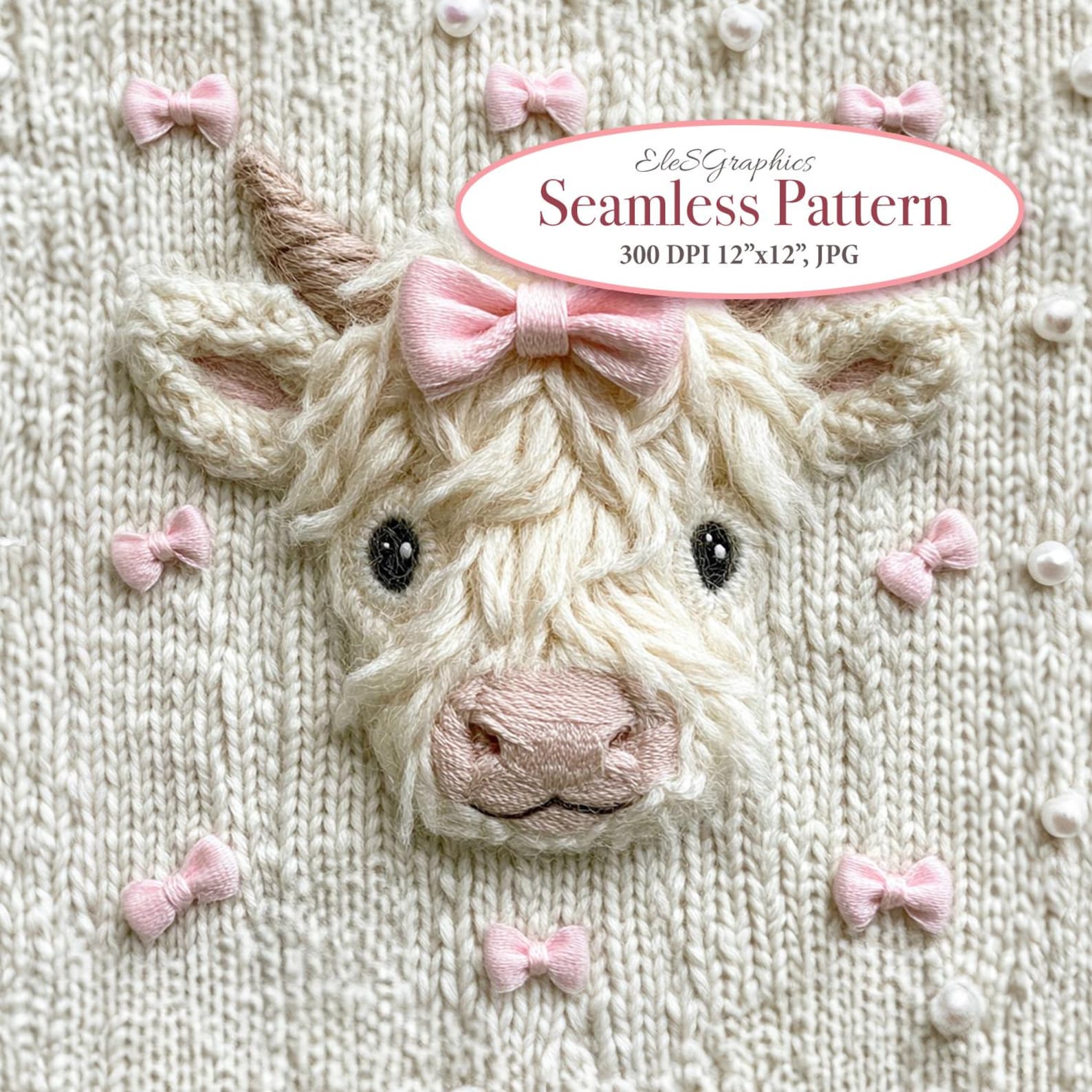 Cute Highland Cow Coquette Bow Knitted Faux Embroidery Seamless 3D ...