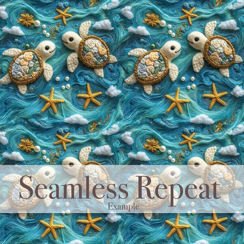 Felted Sea Turtle Pearls Ocean Underwater 3D Seamless Pattern. Digital ...
