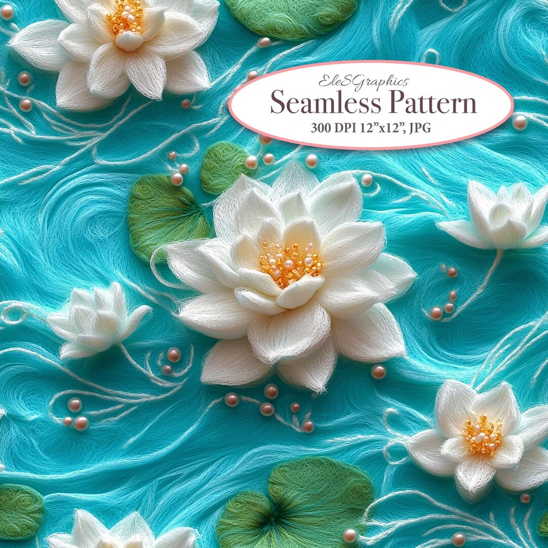 Floral Felted Water Lily Lotus Flowers Seamless Pattern. Pastel 3D Felt ...
