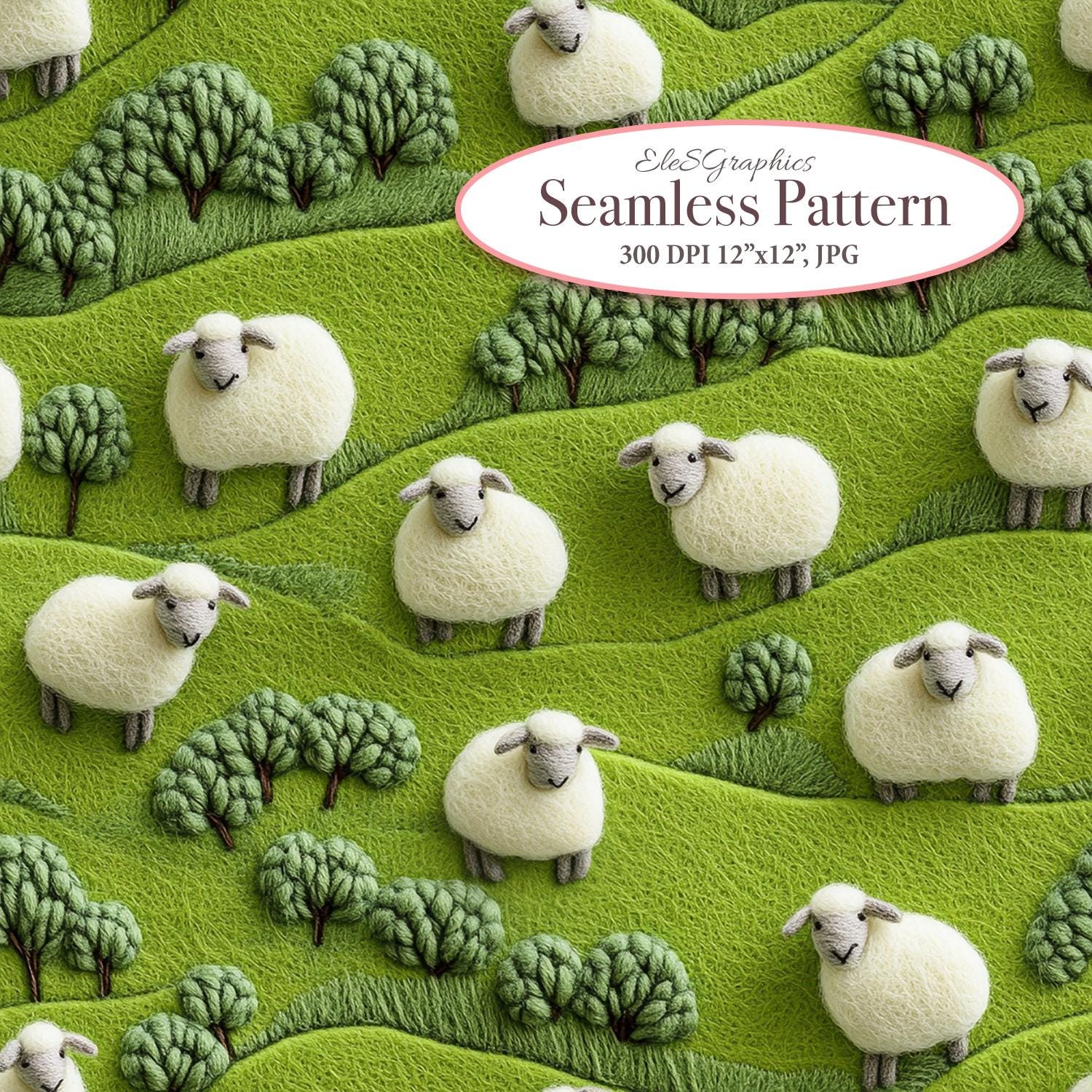 Cute White Sheep, Green Meadow, Flowers. Nursery Knitted Felted Faux ...