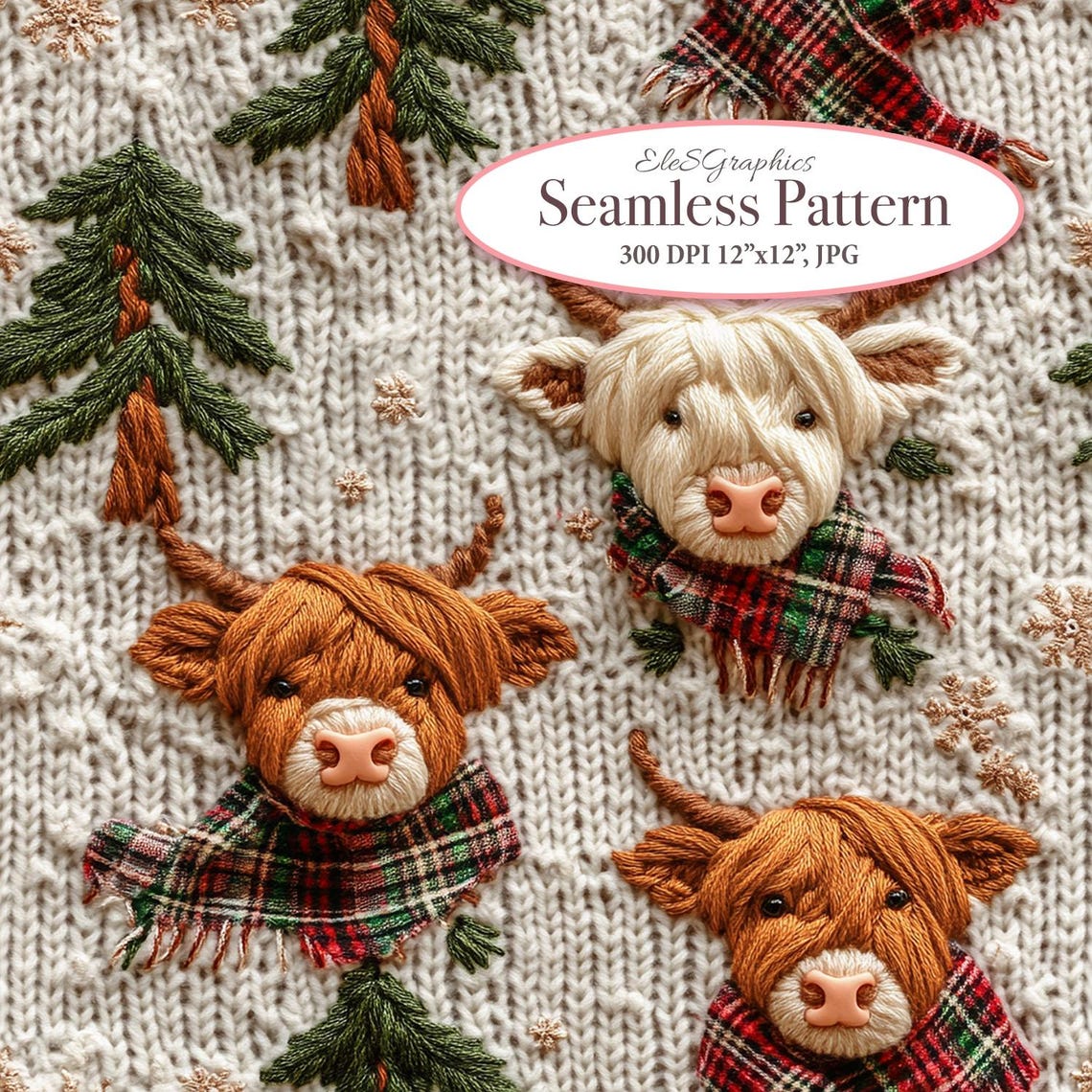 Christmas Cute Highland Cow. Scarf, Tree. Knitted Faux Embroidery 3D ...
