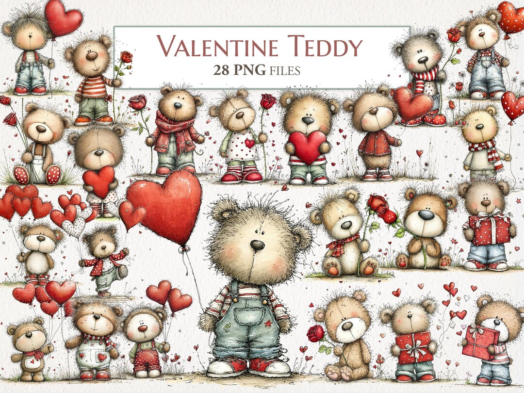 Valentine's Day Teddy Bear Clipart Bundle. for Junk Journal ...