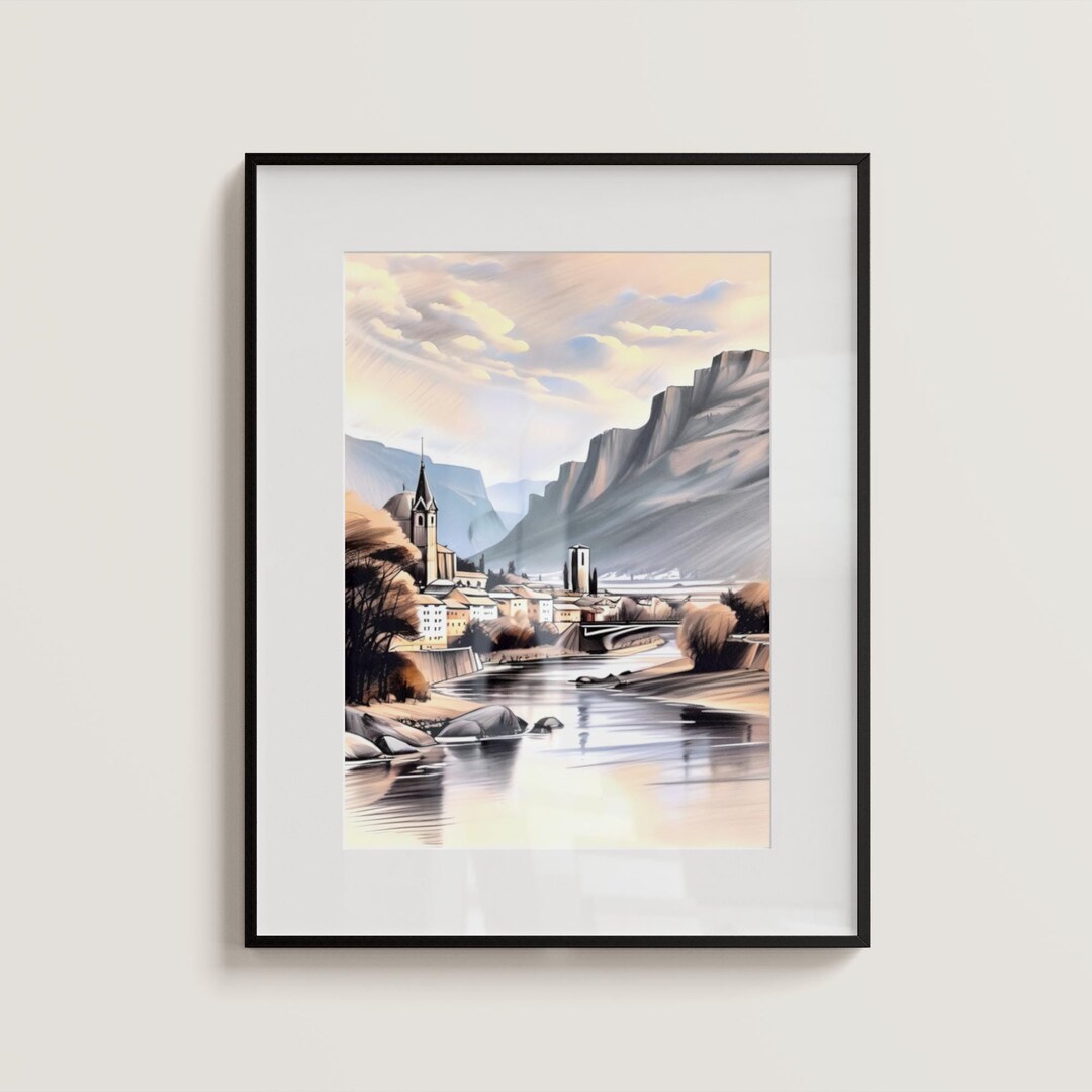 Printable Fall Village Painting Cozy Fall River Painting Autumn ...