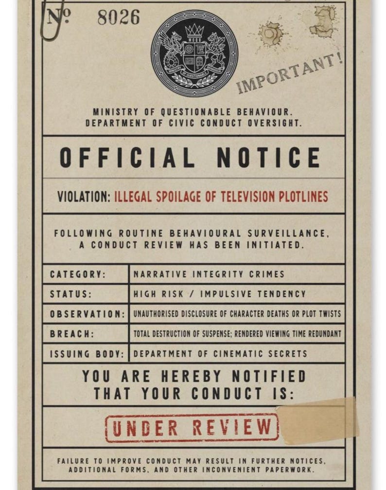 TV Spoilers Official Violation Notice Card, Funny Plot Reveal ...