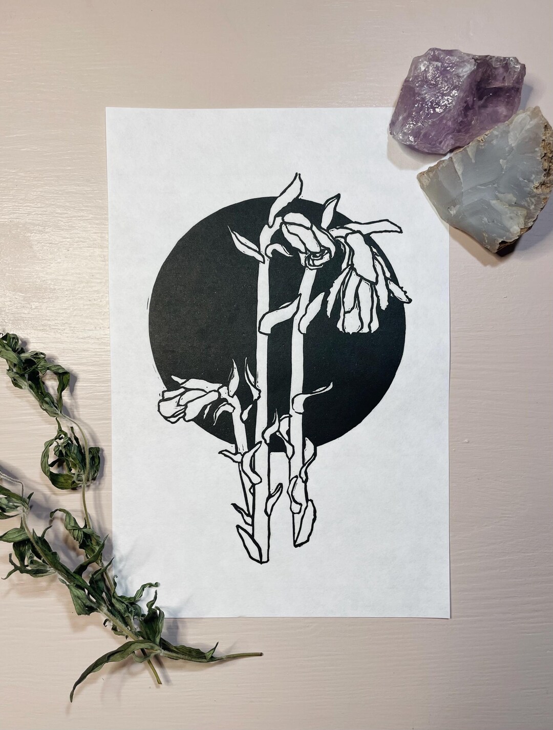 Ghost Pipes Linocut Art Print | Native Plant | Hand Carved and Hand ...
