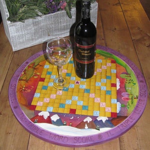 Painted Scrabble Board Lazy Susan, 20" Dia. Personalized Wood Lazy ...