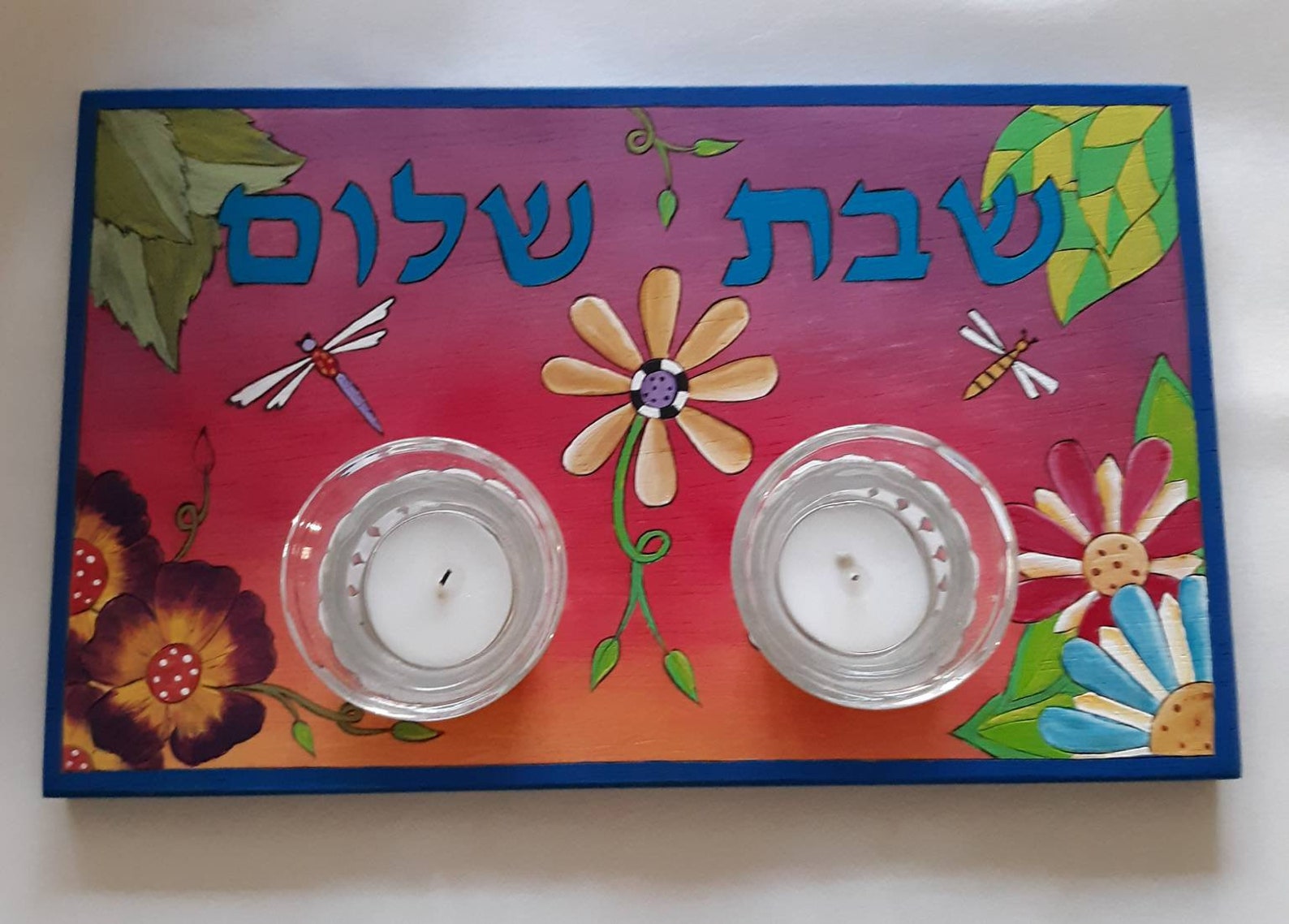 Shabbat Candle Holder, Hebrew Writing, Candle Board, Dragonfly, Bumble ...