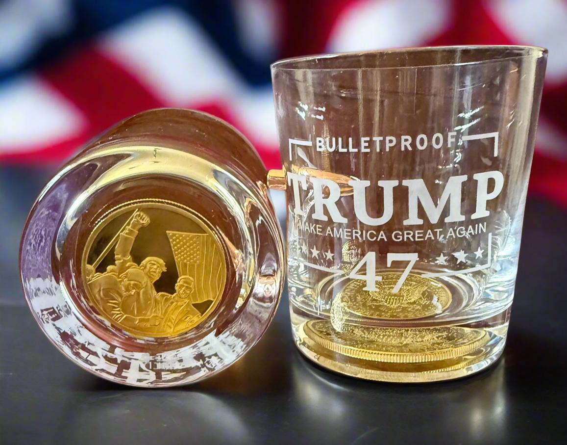 Presidential Whiskey Glass Set: Memorabilia Coin, Wooden Box, Limited ...