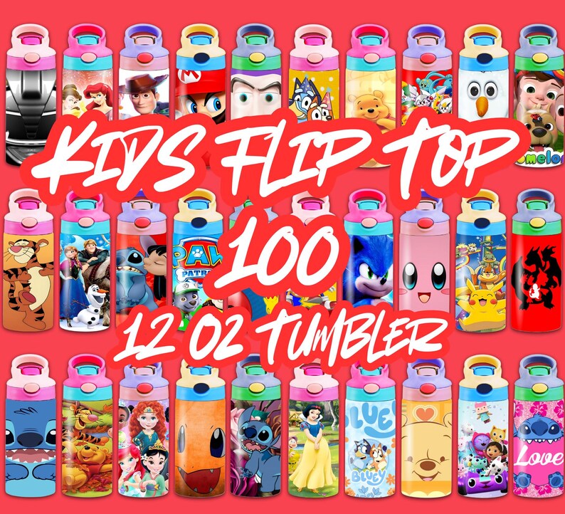 200 12oz Kids Flip Top Sippy Cup Tumbler Wrap, Mega Bundle Cartoons ...