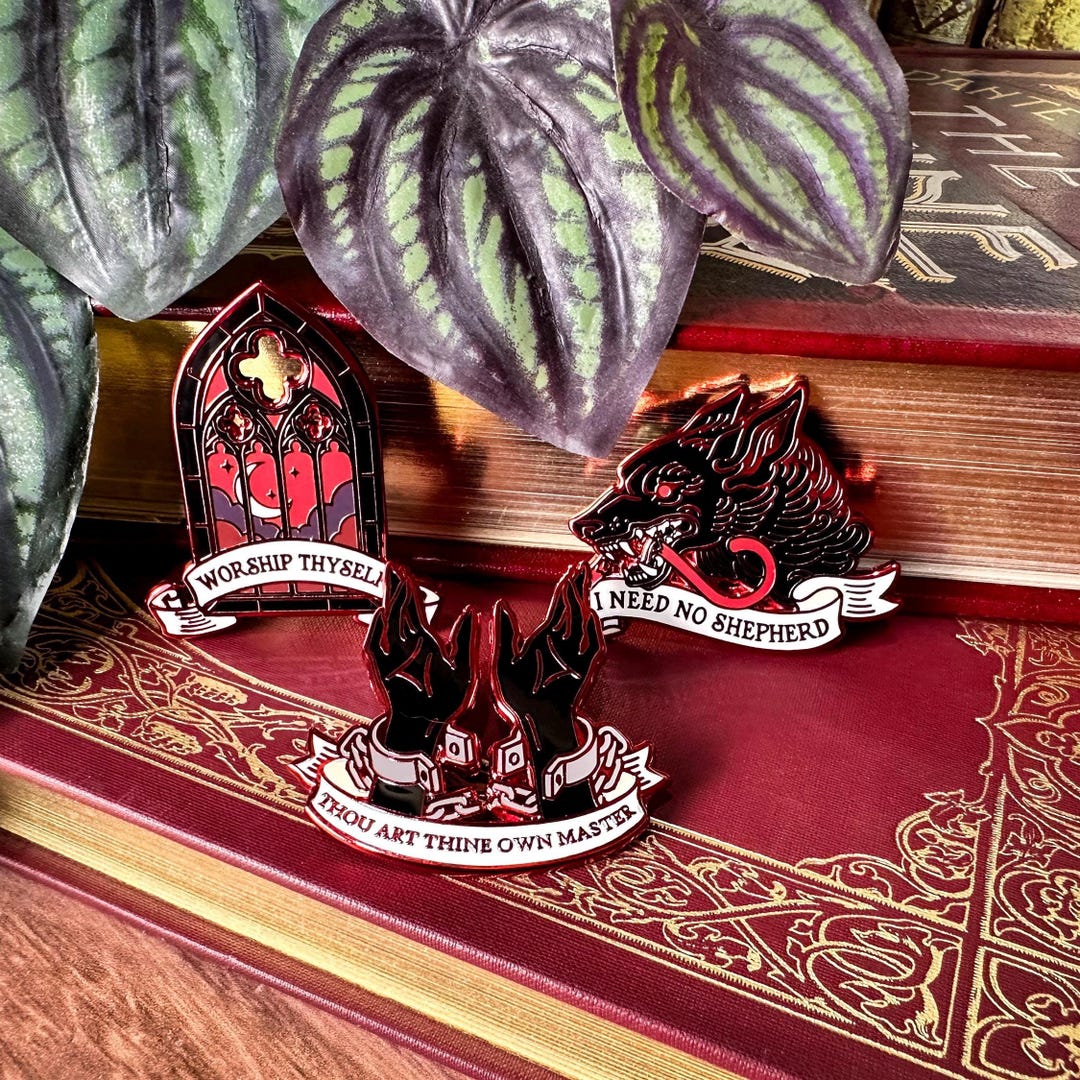 Red Chrome Satanic Enamel Pins | Luciferian and Gothic Mottos for ...