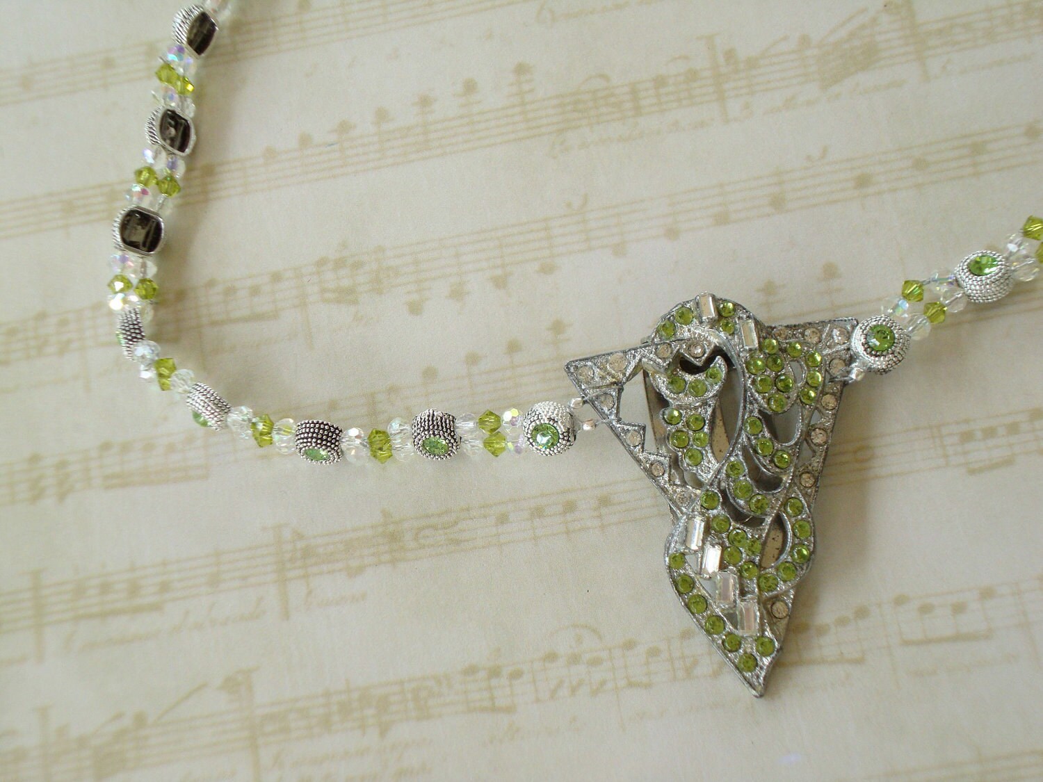Spring Green Rhinestone and Crystal Beaded Vintage Dress Clip Necklace ...