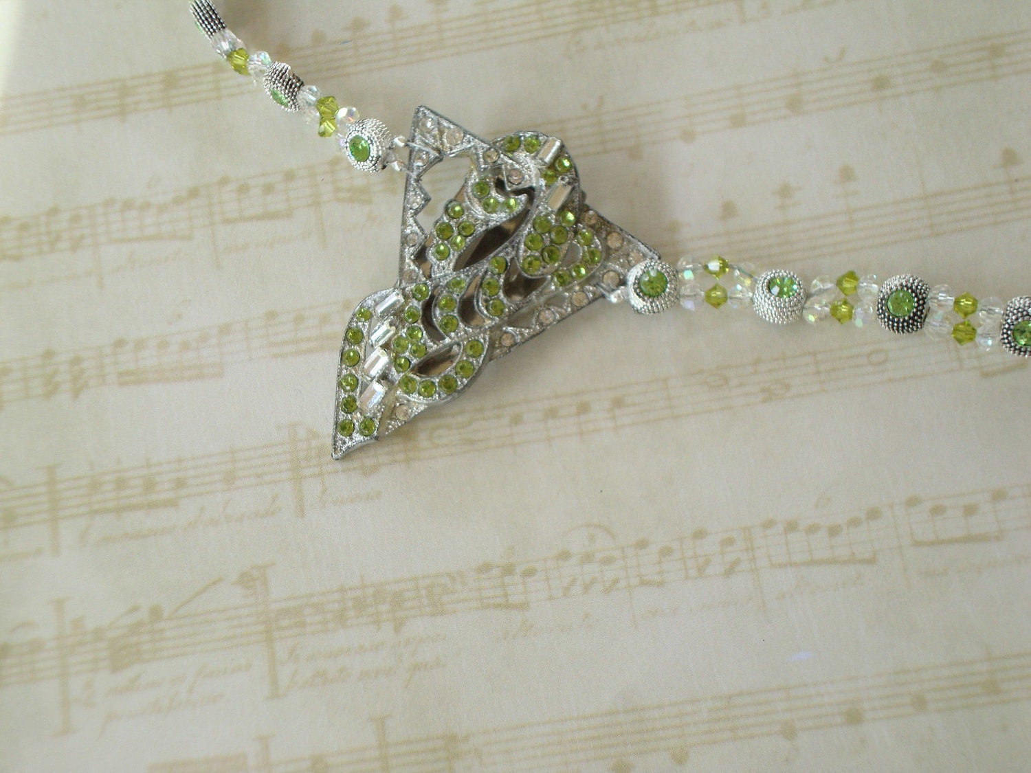 Spring Green Rhinestone and Crystal Beaded Vintage Dress Clip Necklace ...