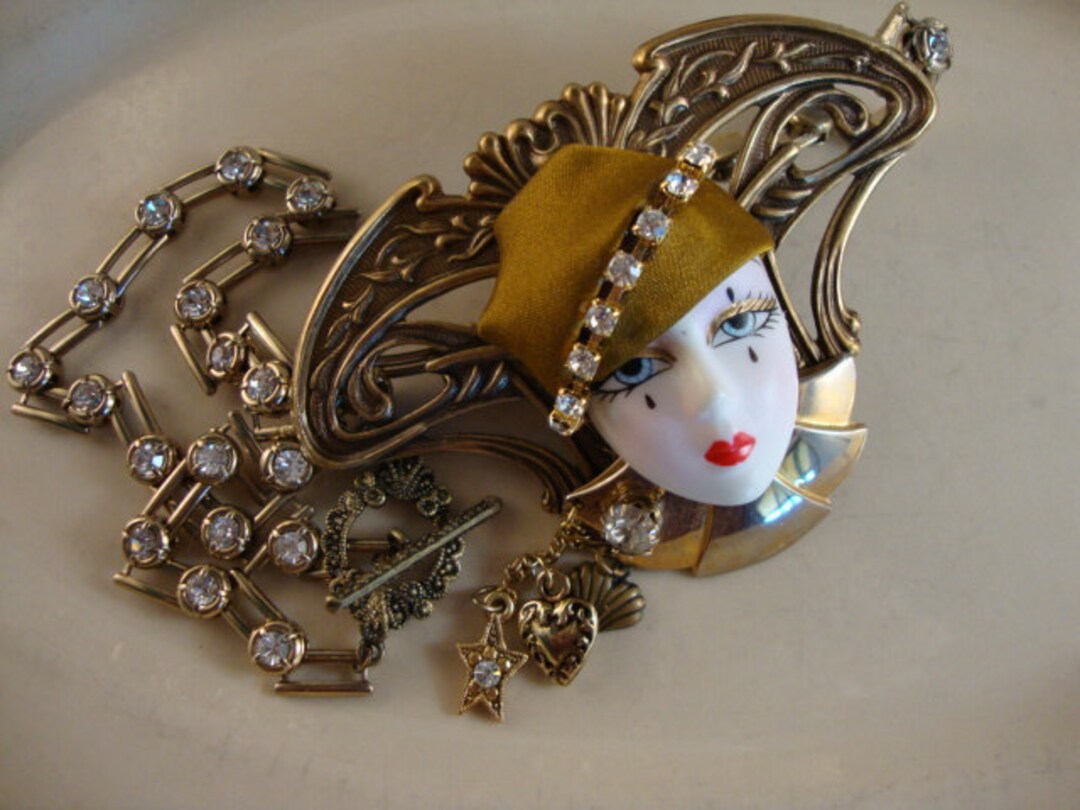 Nouveau Flapper Gal Resin Face on Brass Casting Necklace - OOAK - Etsy