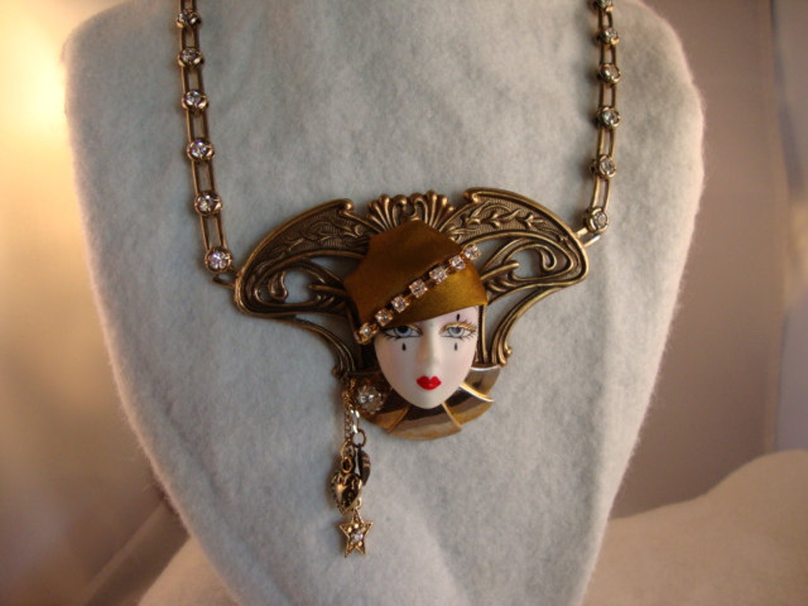 Nouveau Flapper Gal Resin Face on Brass Casting Necklace - OOAK - Etsy