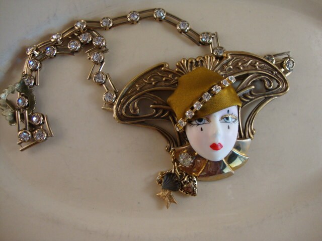 Nouveau Flapper Gal Resin Face on Brass Casting Necklace - OOAK - Etsy