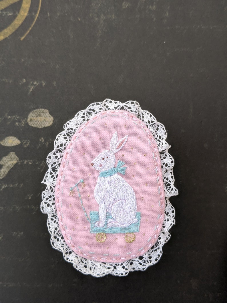 White Rabbit Brooch. Bunny on the wheels pin. Hand embroidered | Etsy