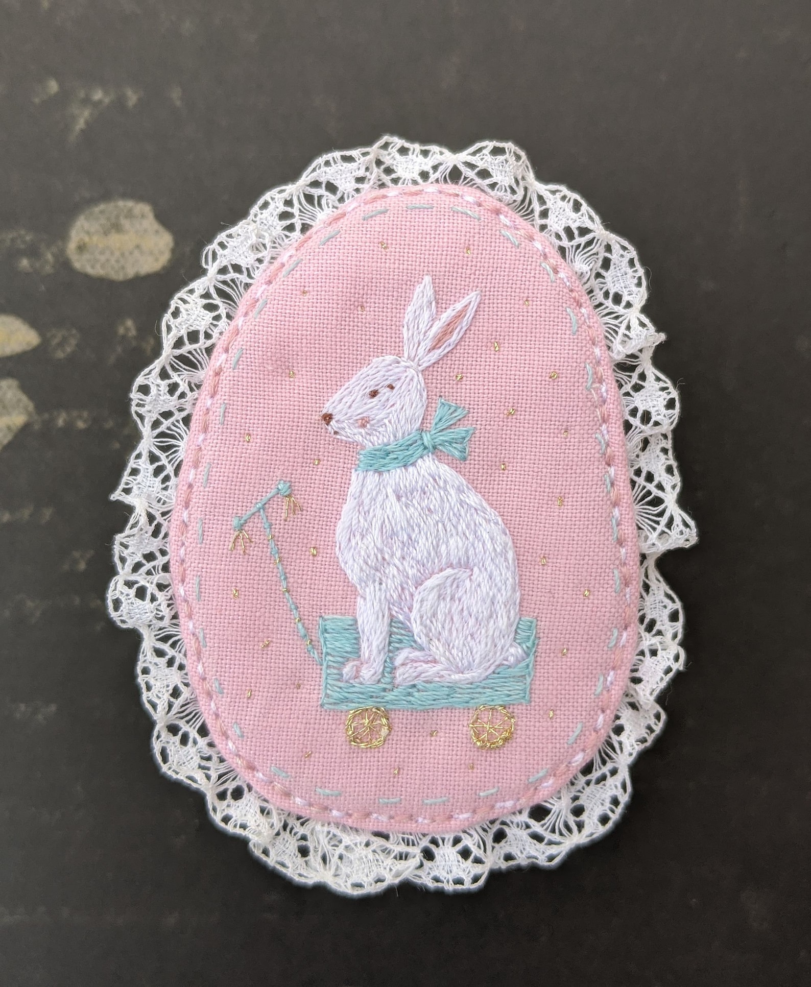 White Rabbit Brooch. Bunny on the Wheels Pin. Hand Embroidered - Etsy