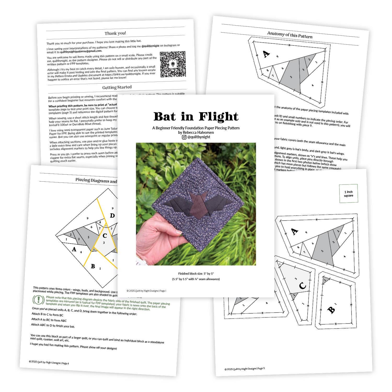 Bat in Flight - Foundation Paper Piecing PDF Pattern - 5 Inch Square ...