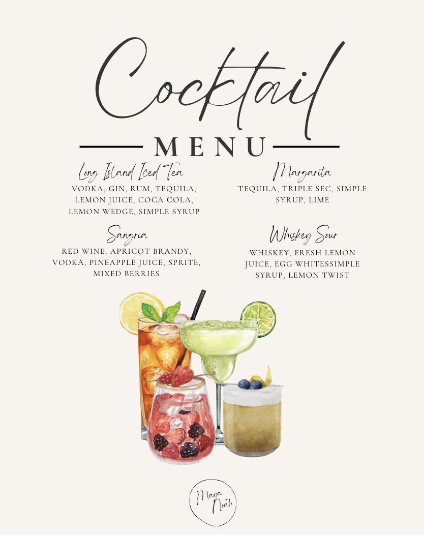 Cocktails Menu Sign Bar Menu Template Minimalist Cocktail Printable Bar ...
