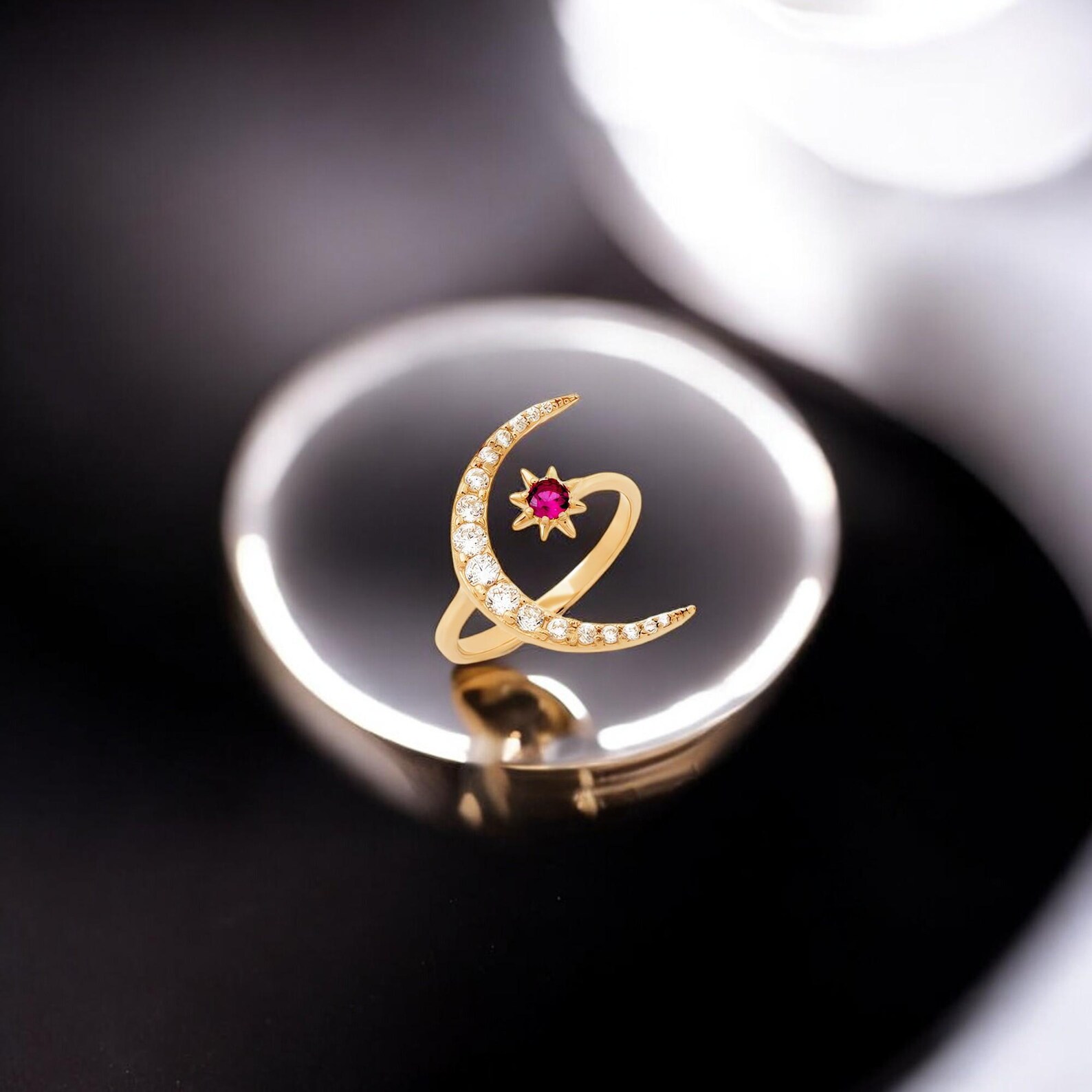 14k Gold Crescent Moon and Star Ring With Ruby, Celestial Statement Ring for Women, Dainty ...