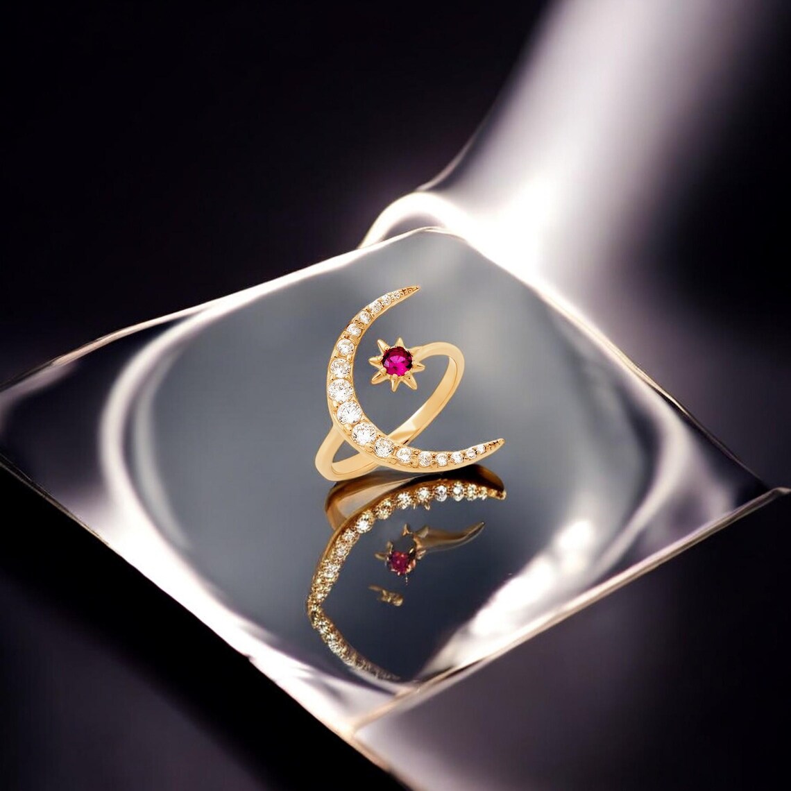 14k Gold Crescent Moon and Star Ring With Ruby, Celestial Statement Ring for Women, Dainty ...