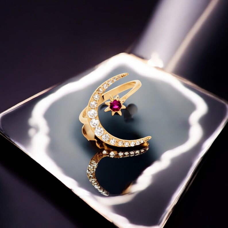 14k Gold Crescent Moon and Star Ring With Ruby, Celestial Statement ...