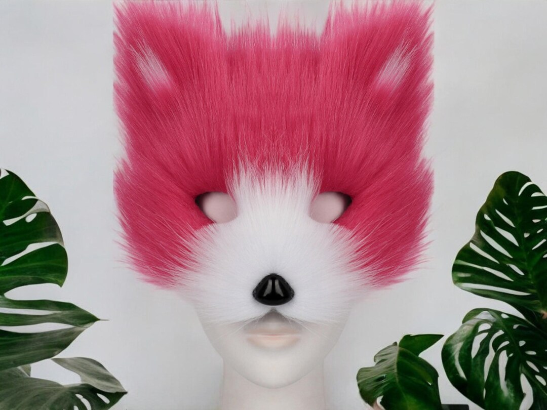 Pink Therian Fox Mask With Fur, Cosplay Gear, Therian Furry Mask, Cat ...