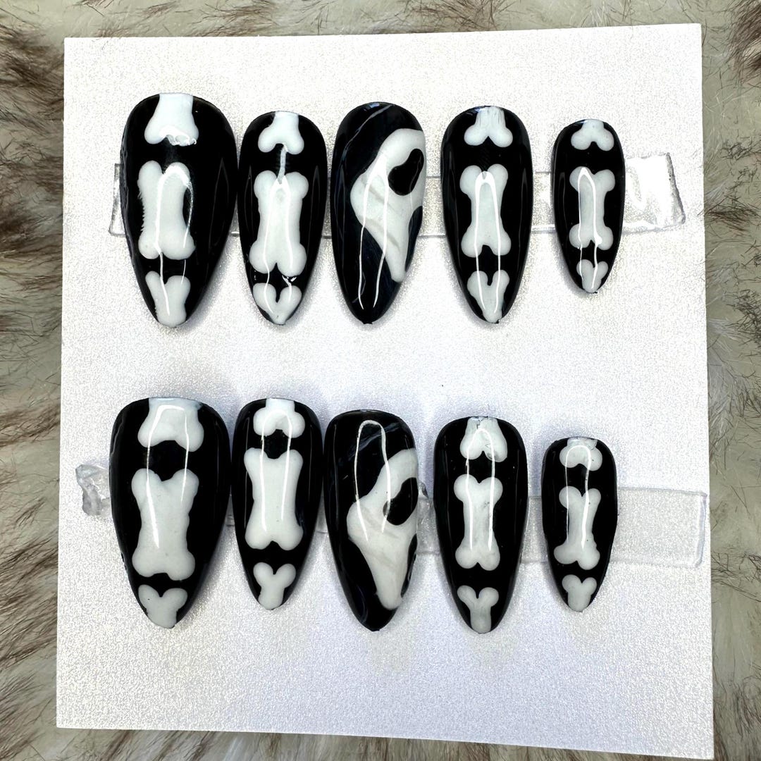 Black & White Skeleton Bone Press-on Nails Spooky Halloween Nail Art ...